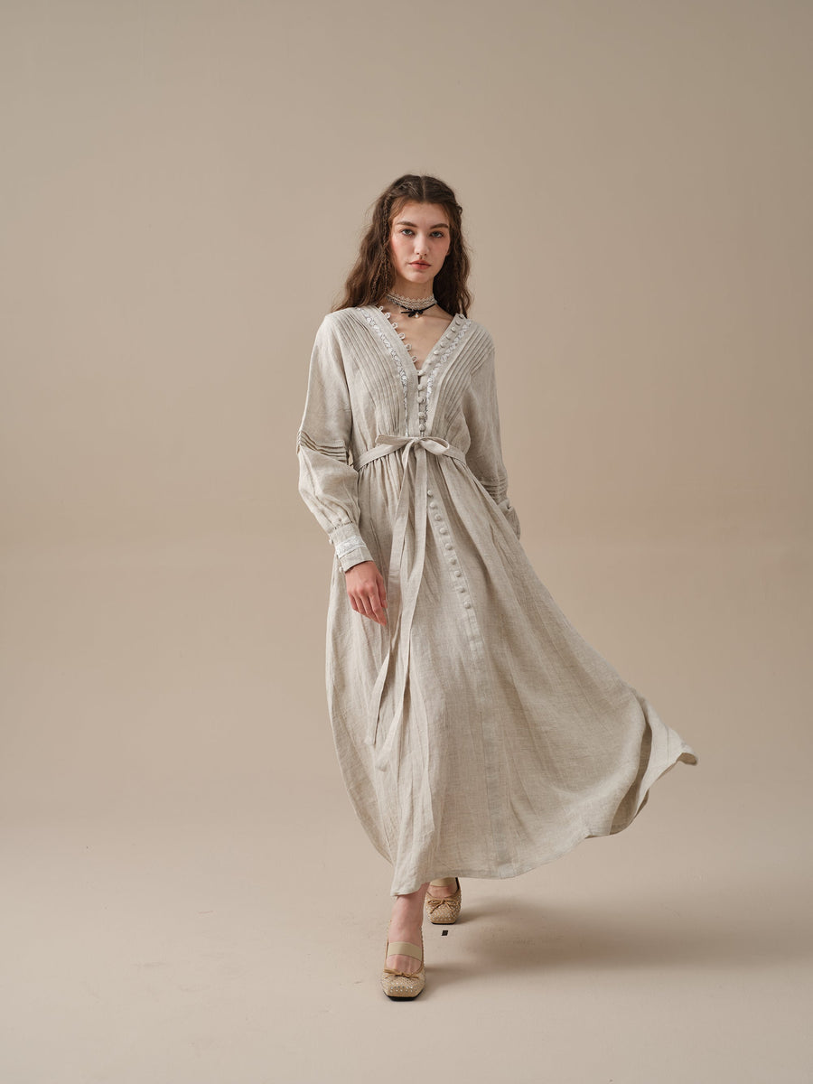 Octavia 17 | pintucked V-neck linen Dress – Linennaive