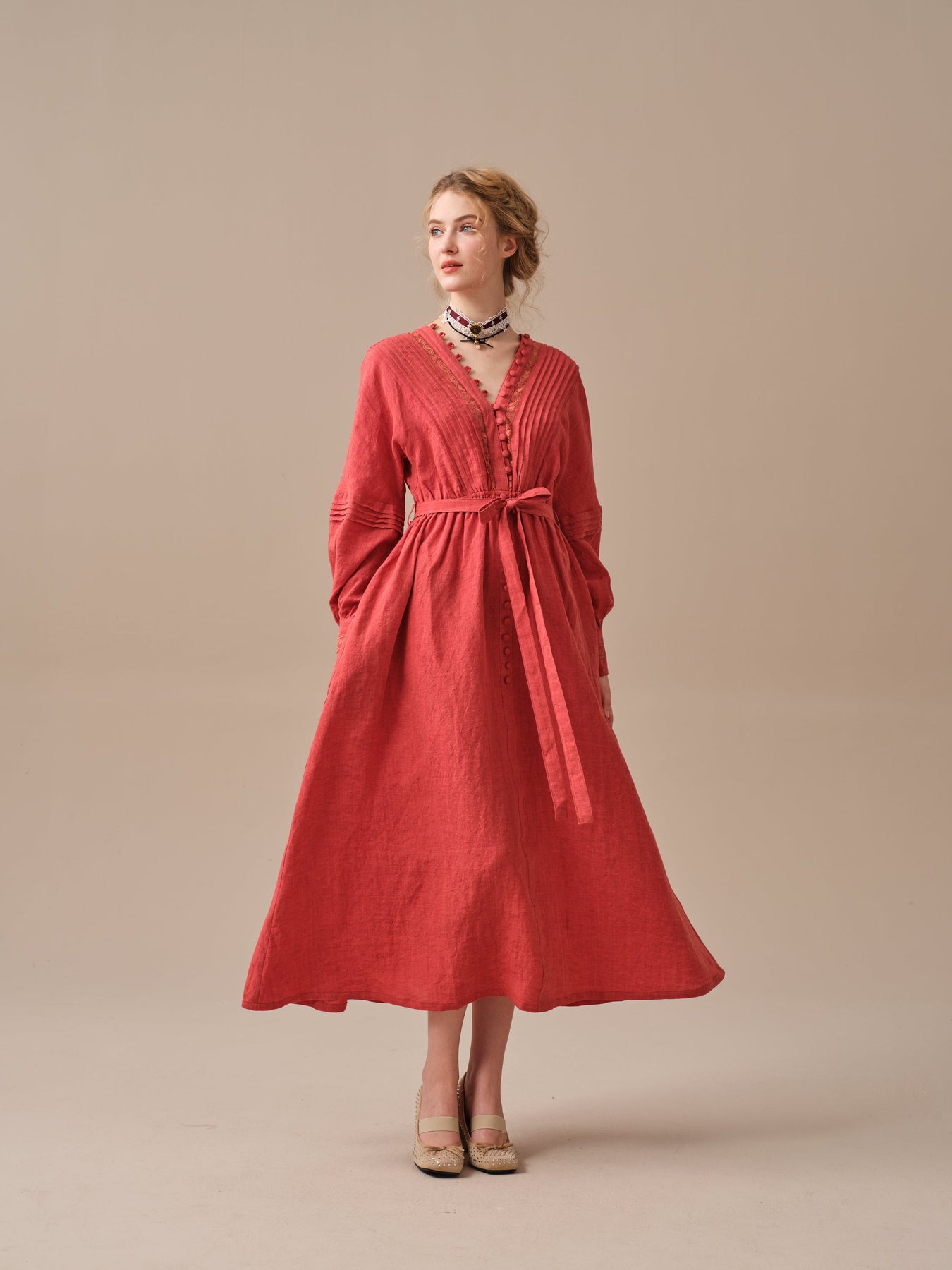 Octavia 17 | pintucked V-neck linen Dress – Linennaive