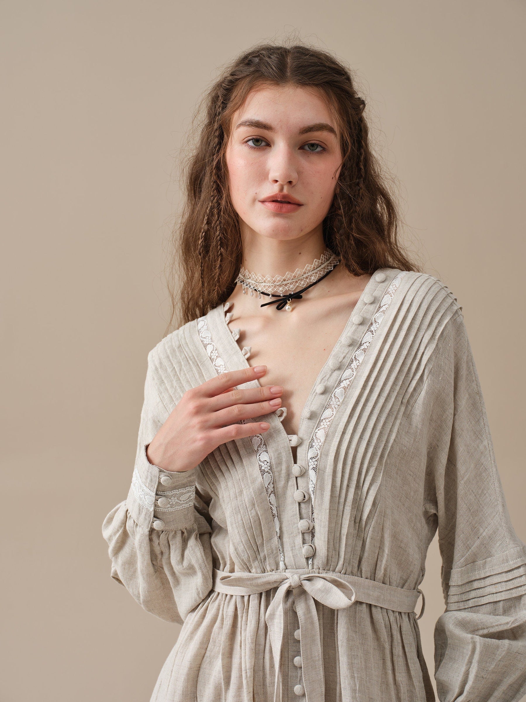 Octavia 17 | pintucked V-neck linen Dress – Linennaive